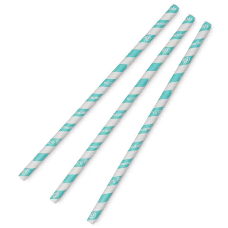 Straw 8 x 200mm Paper aqua stripe - Friendlypak